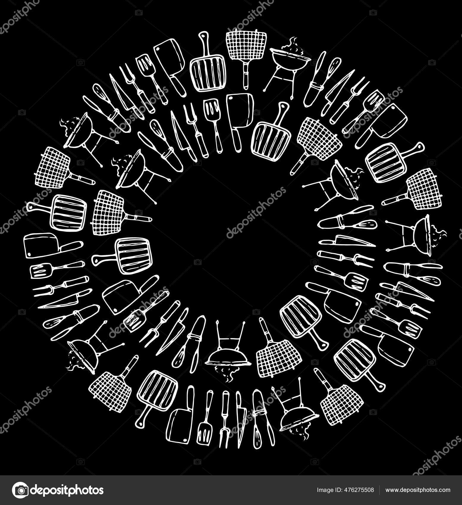 Vector set of round pattern grilling tools with a blank space inside ...