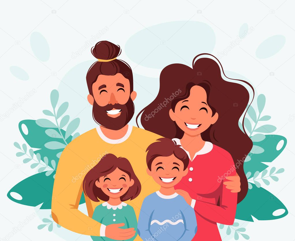 Familia Feliz Con Hijo Hija Padres Abrazando Niños Ilustración Vectorial Vector de stock por ...