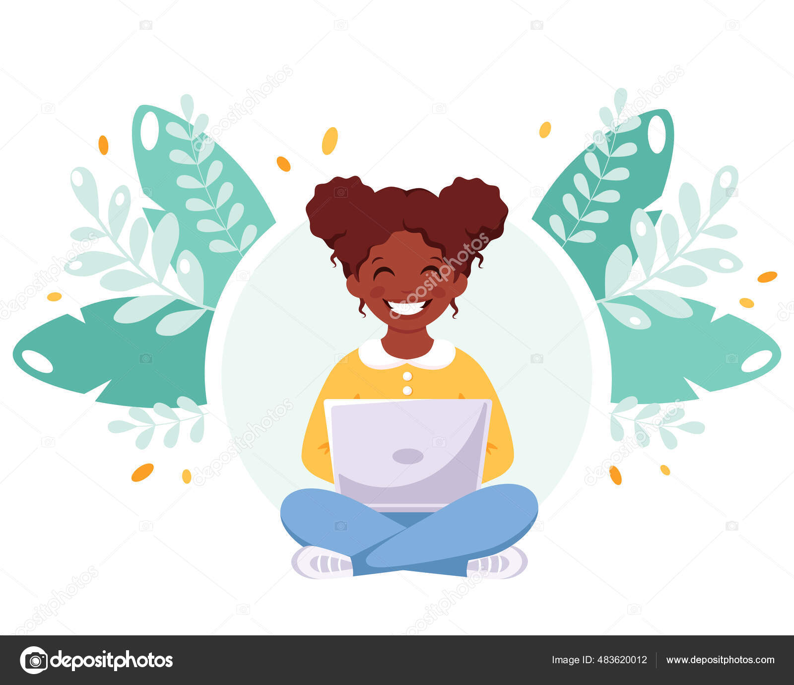 Black Girl Studying Computer Online Learning Back School Concept Vector ...