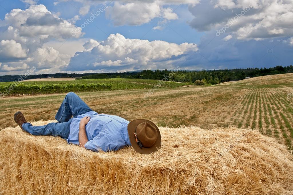 Hombre con sombrero de cowboy durmiendo en heno en país — Fotos de ...
