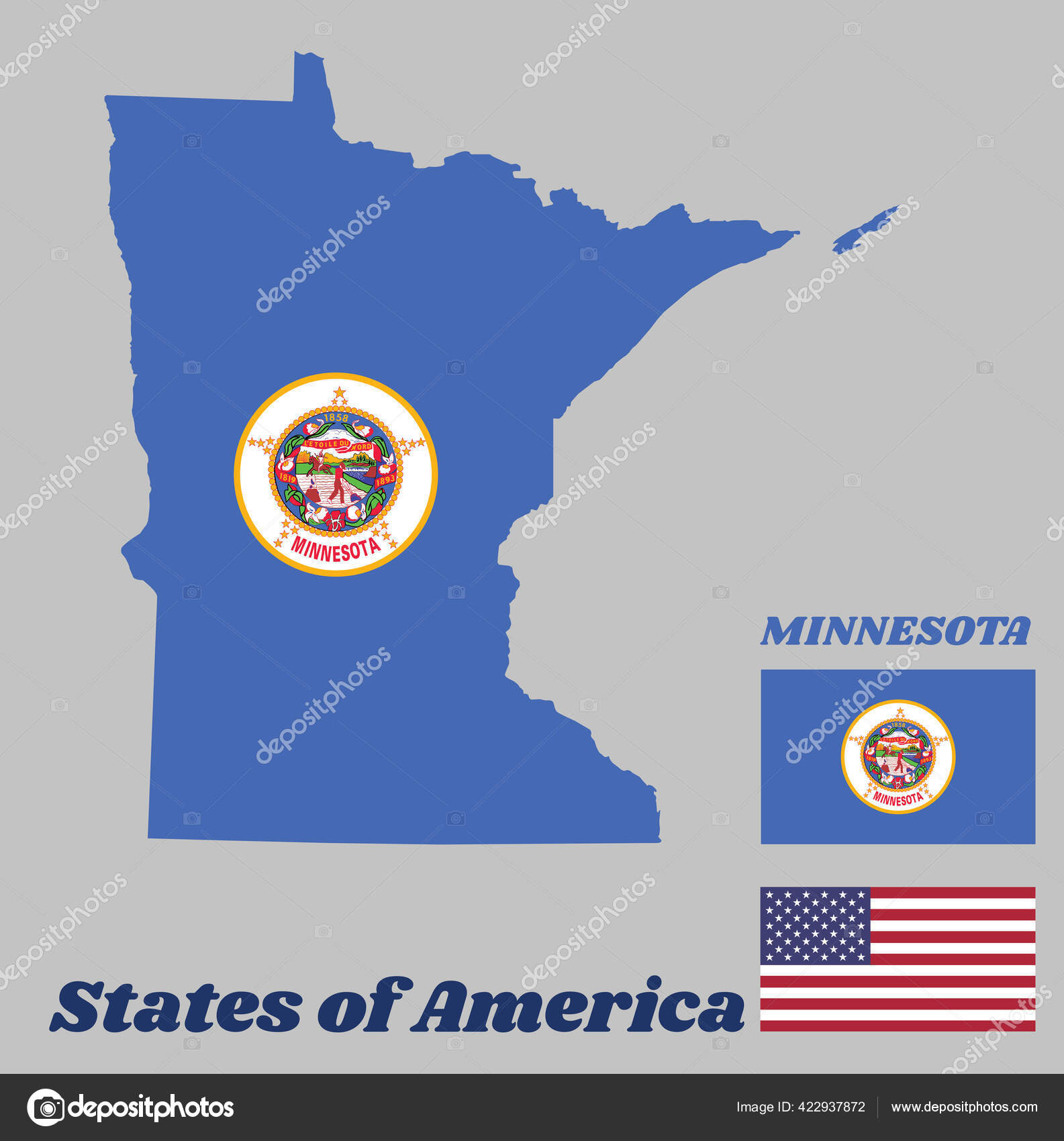 Map Outline Flag Minnesota State Name State Seal Medium Blue Stock ...