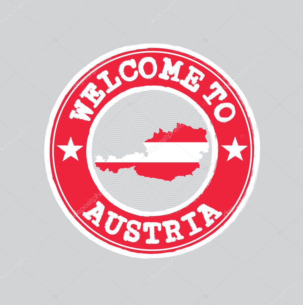 Sello vectorial de bienvenida a Austria con el contorno del mapa de la ...