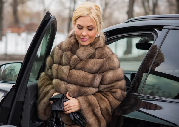 Nice elegant lady in fur coat at nature, autumn - winter season time ...