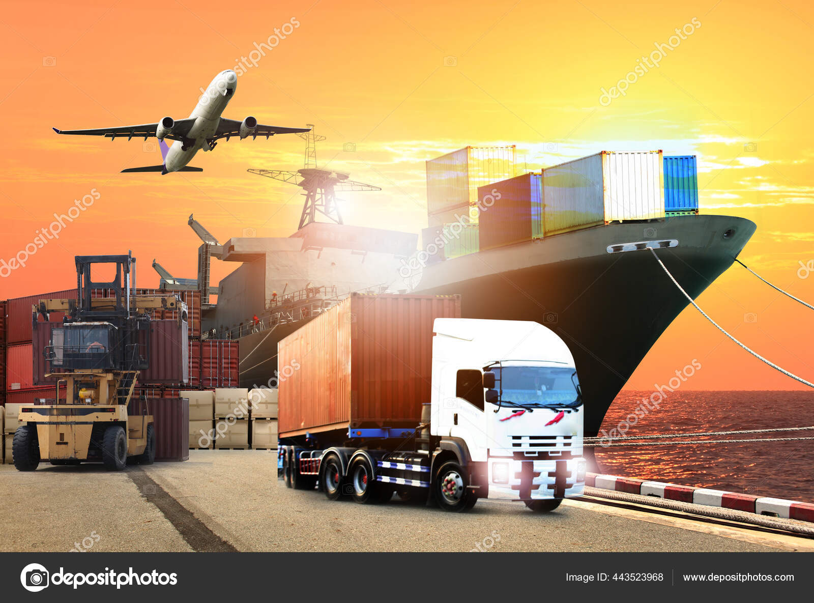Transporte Concepto Importación Exportación Logística Camión Contenedor Barco Puerto Avión ...