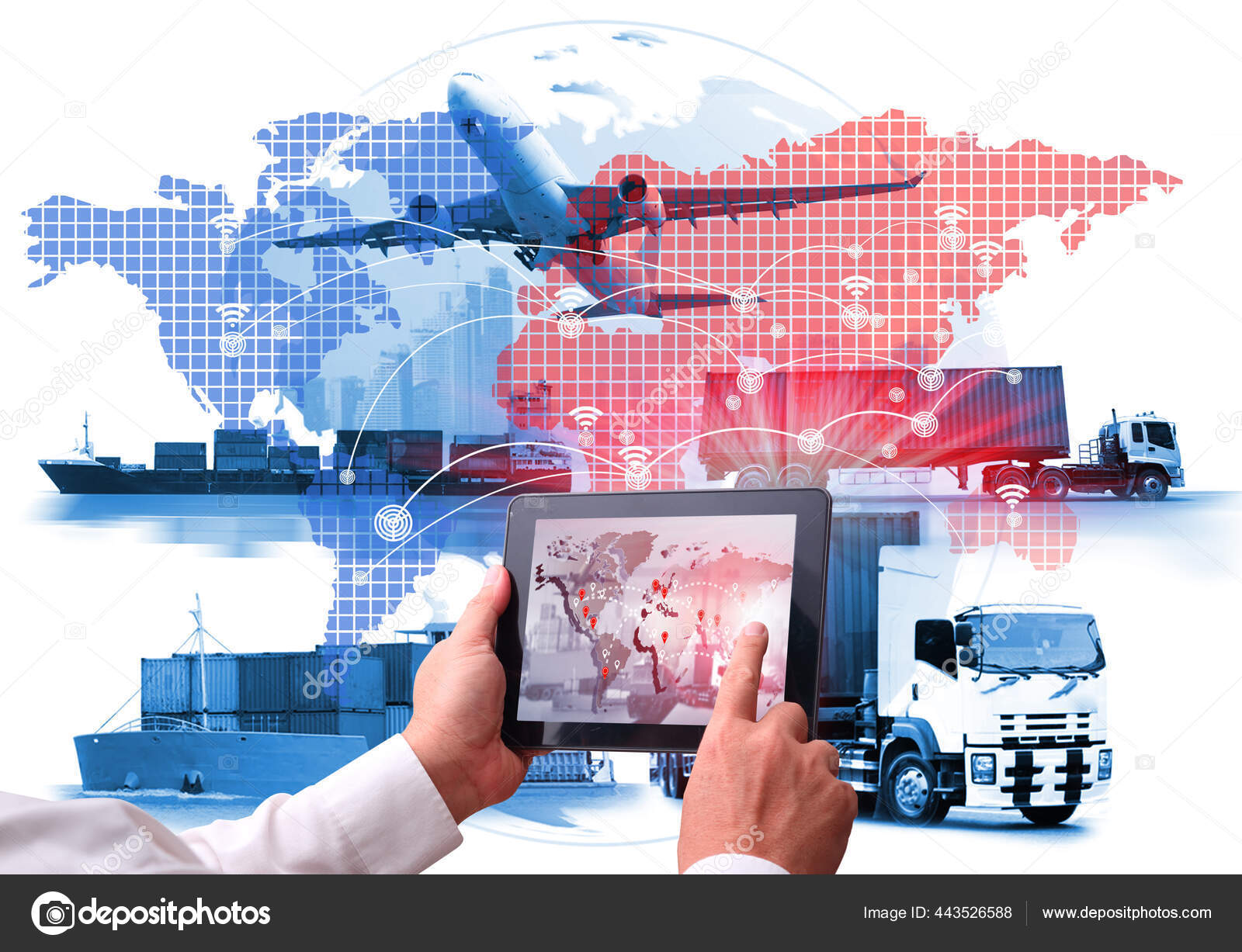 Transportation Import Export Logistics Concept Container Truck Ship ...