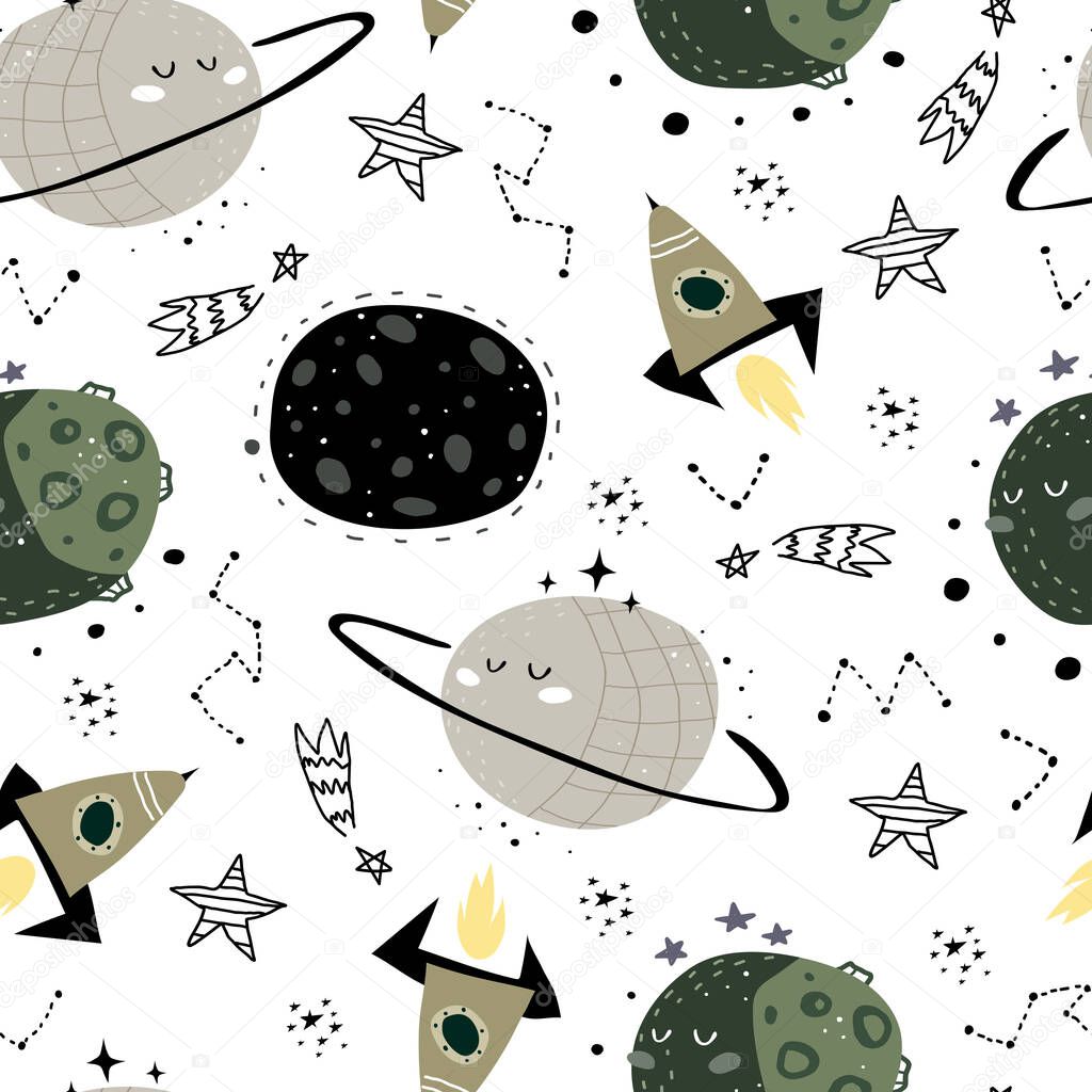 patrón sin costuras con planetas de dibujos animados, nave espacial ...