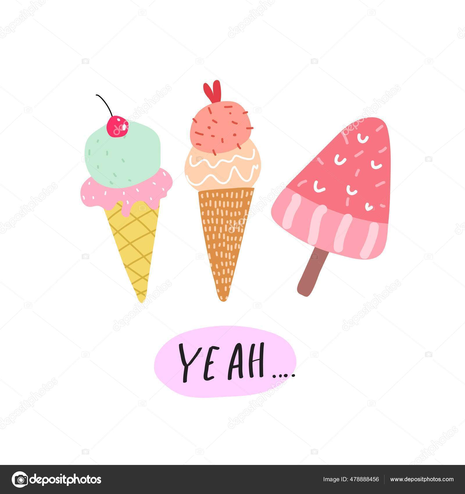 Yeah Cartoon Ice Cream Hand Drawing Lettering Summer Colorful Vector ...
