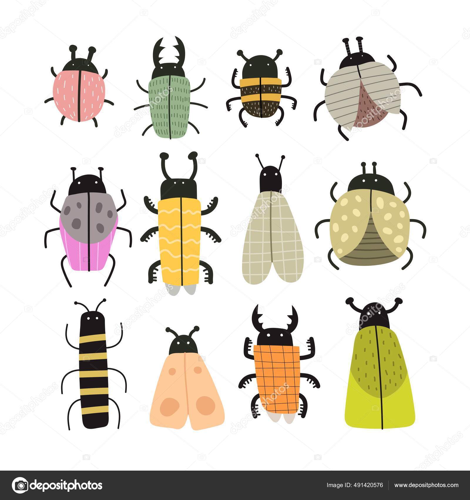 Set Cartoon Insects Hand Drawing Colorful Flat Vector Illustration ...
