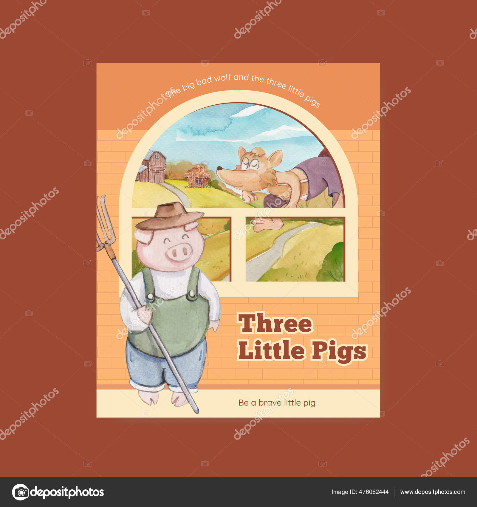 Cover Book Template Cute Three Little Pigs Concept Watercolor Styl ...