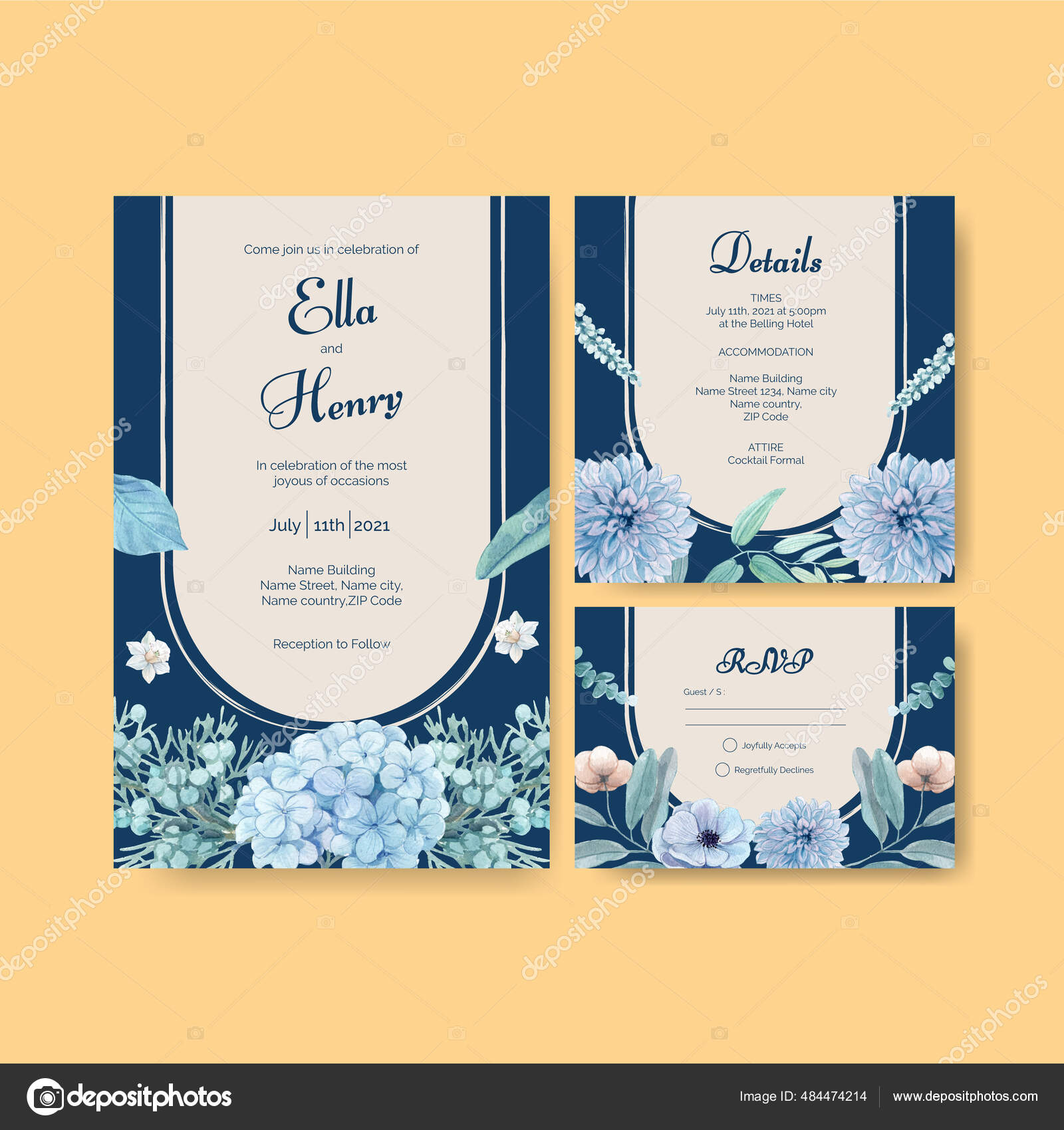 Wedding Card Template Blue Flower Peaceful Concept Watercolor Styl ...