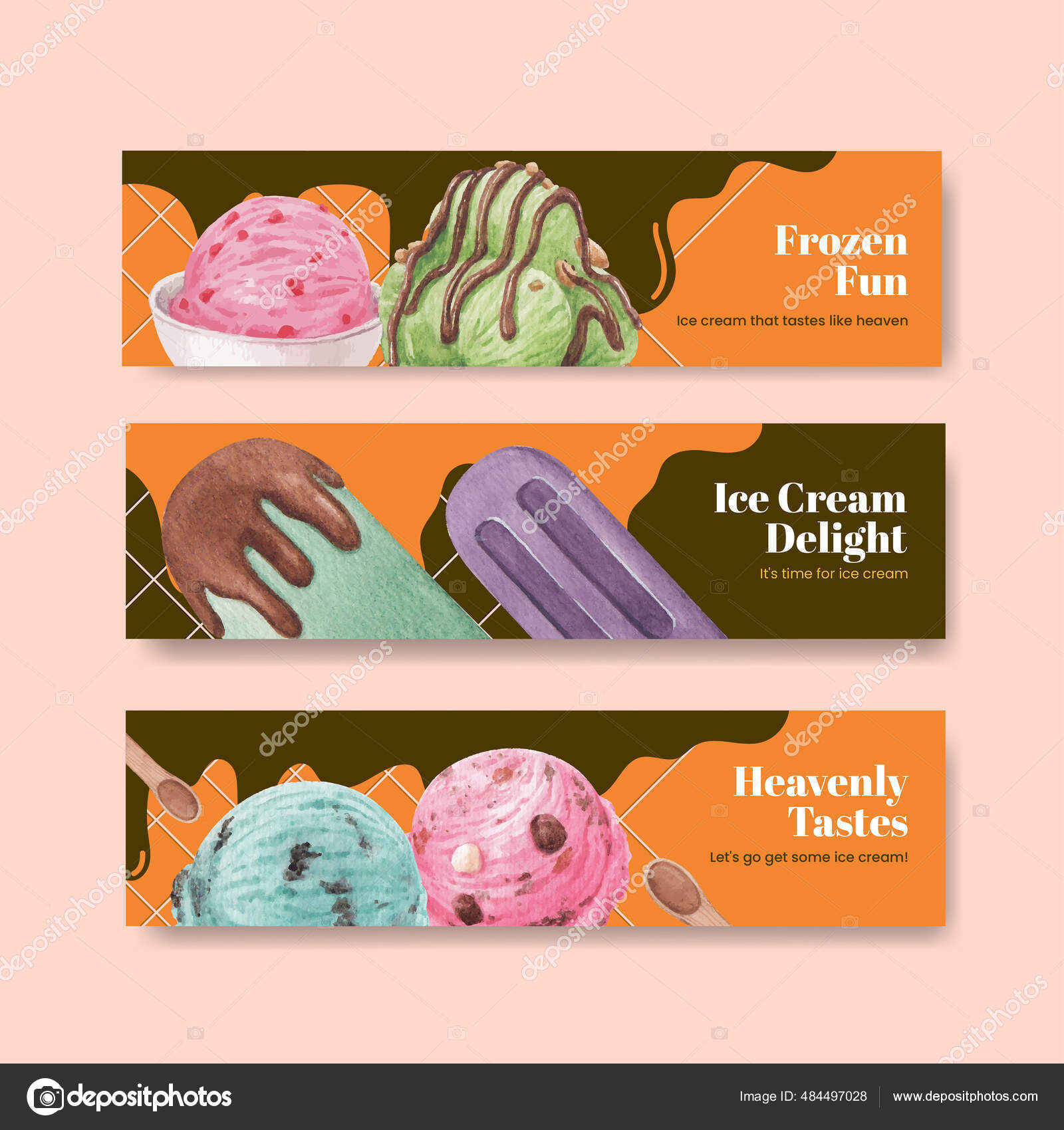 Banner Template Ice Cream Flavor Concept Watercolor Styl Stock Vector ...