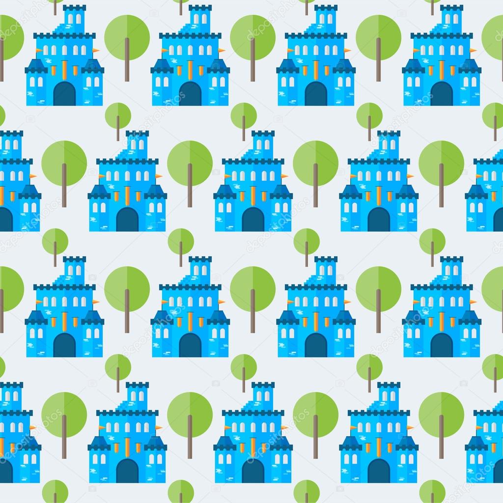 Cartoon blue castle and tree seamless pattern background Stock Vector ...