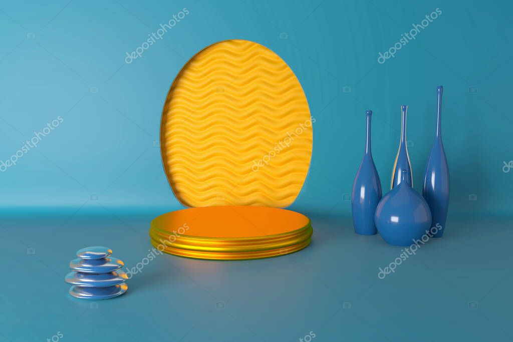Ilustración 3d en azul clásico, azul mosaico, colores azafrán. Podio ...