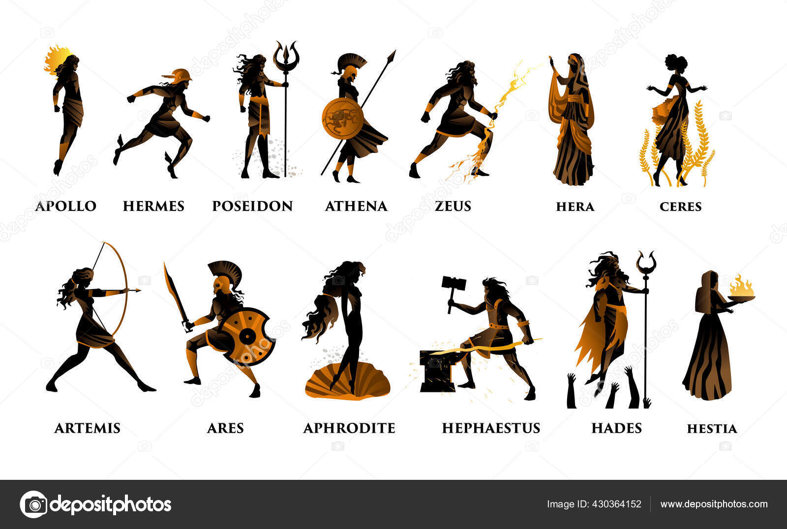 Greek Mythology Orange Black Figures Olympus Gods Stock Vector Image by ...