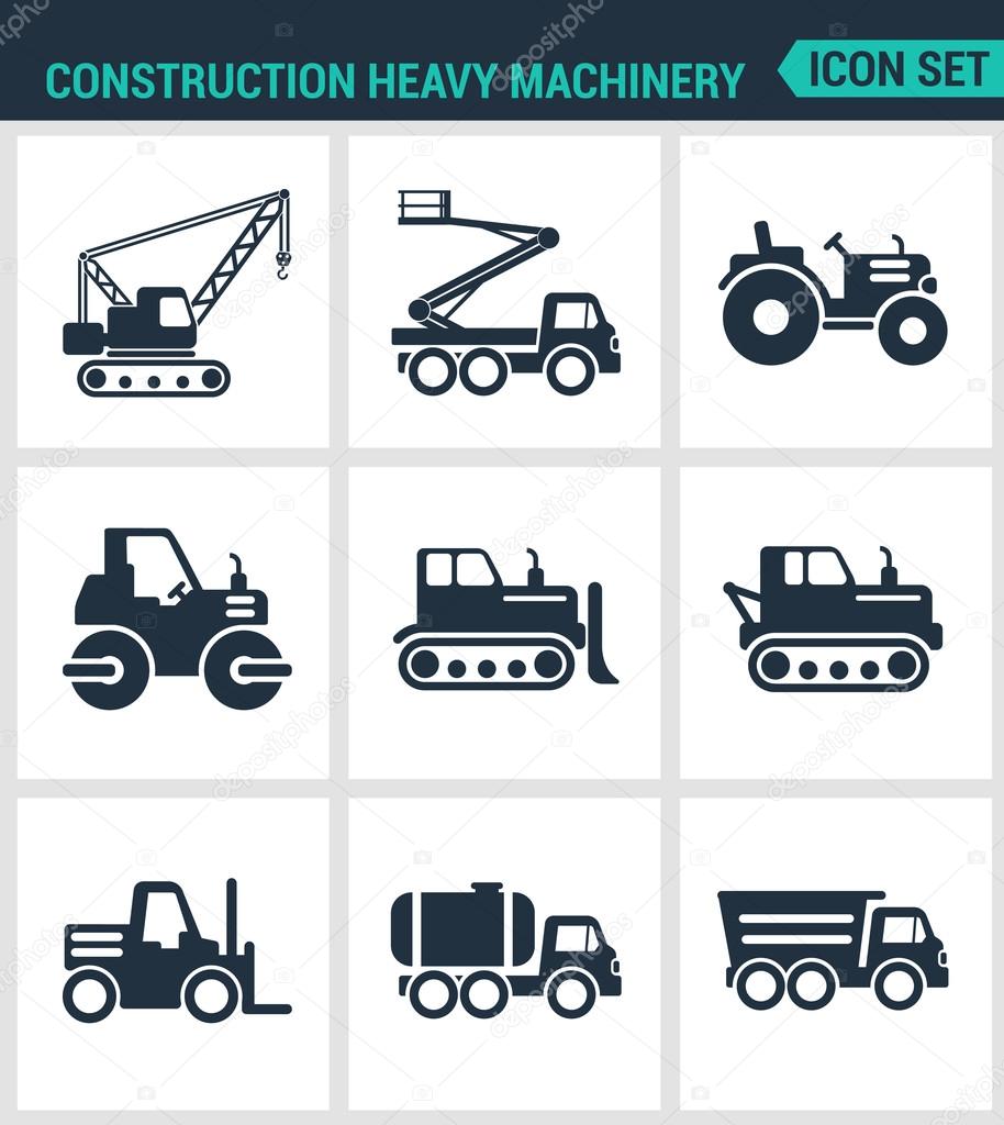 Set of modern vector icons. Construction heavy machinery tractor, lift ...