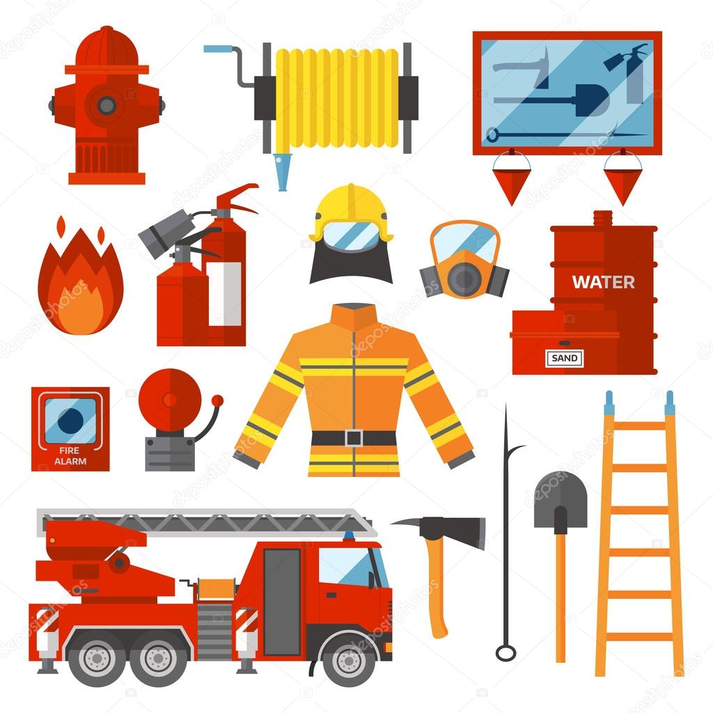 Vector Set Firefighter Fire safety Flat Icons and Symbols. Stock Vector ...