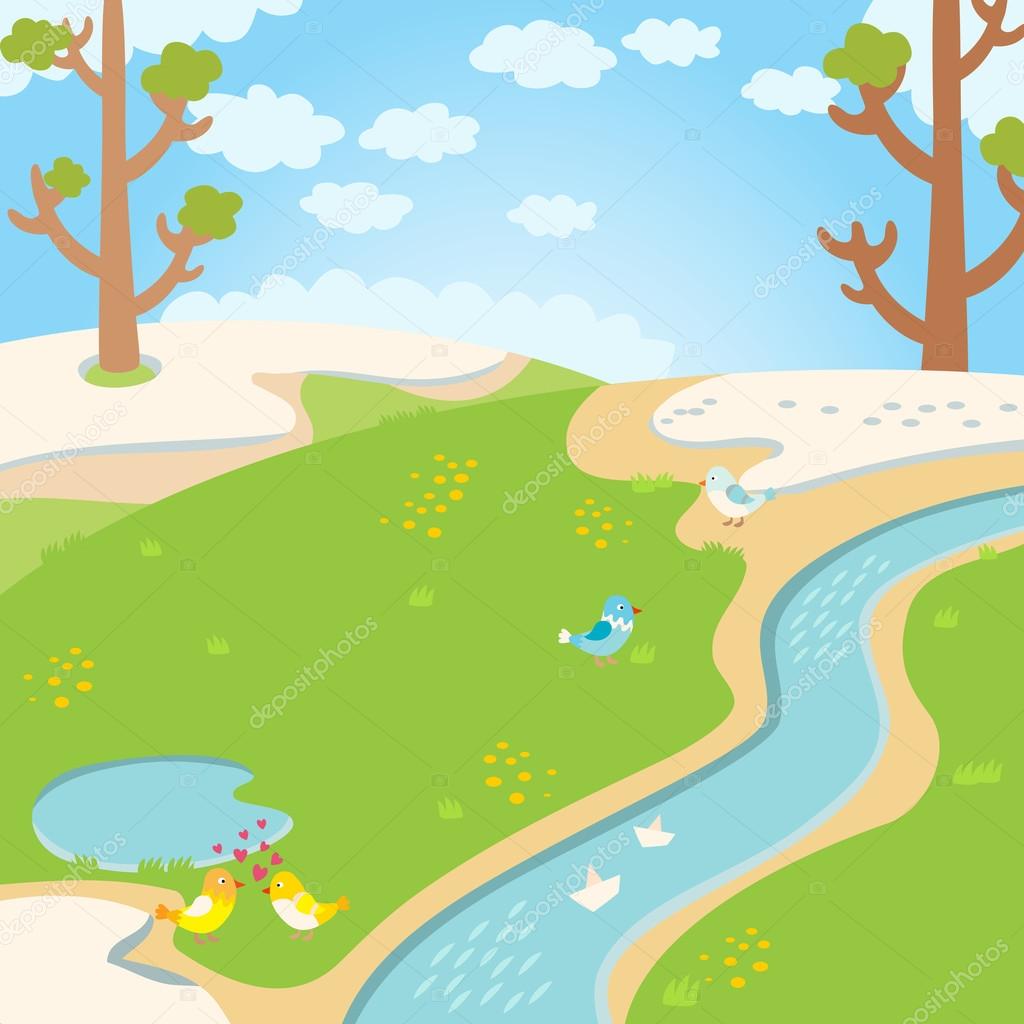 Natural green grass spring background with river, trees, birds and ...