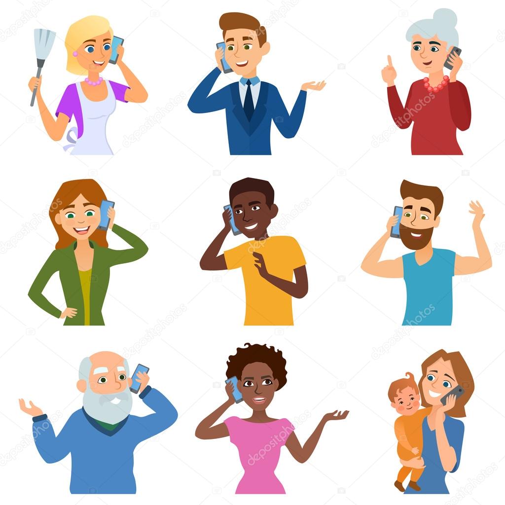 Set Of Calling Mobile Business Adult People Talking Phone Character