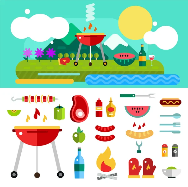 Barbecue and Food Icons Vector Objects set. Outdoor, Kitchen or Meat ...