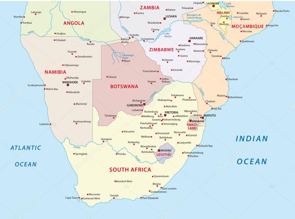 administratieve kaart van de Staten van zuidelijk Afrika — Stockvector © Lesniewski #120197632