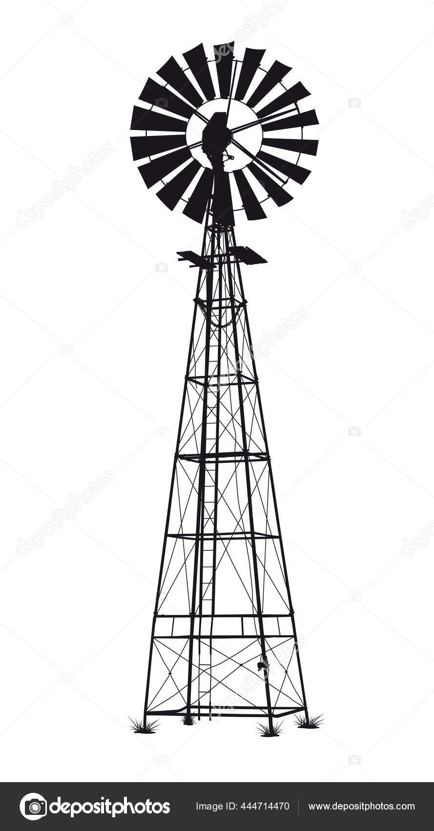 Detailed Black Vector Windmill Illustration White Background Stock ...