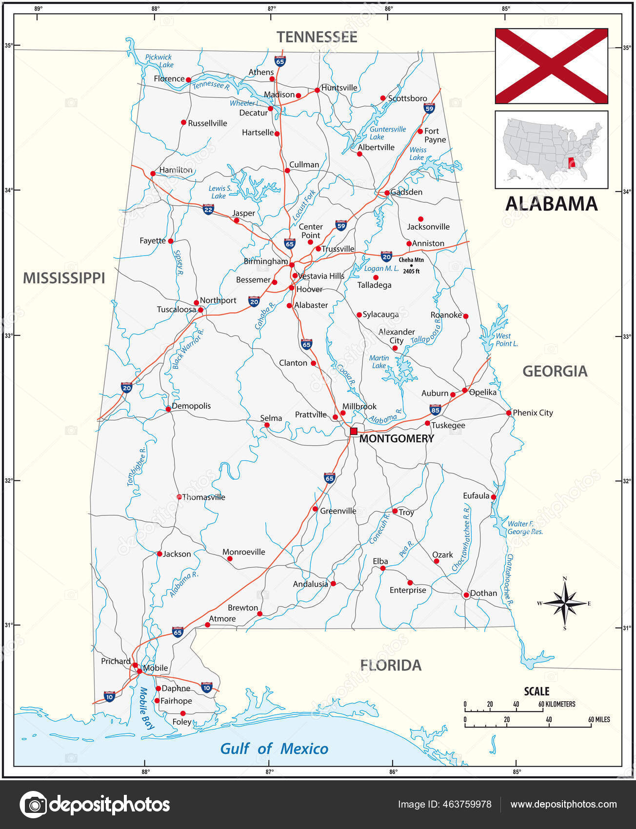 Road Map State Alabama Flag Stock Vector Image by ©Lesniewski #463759978