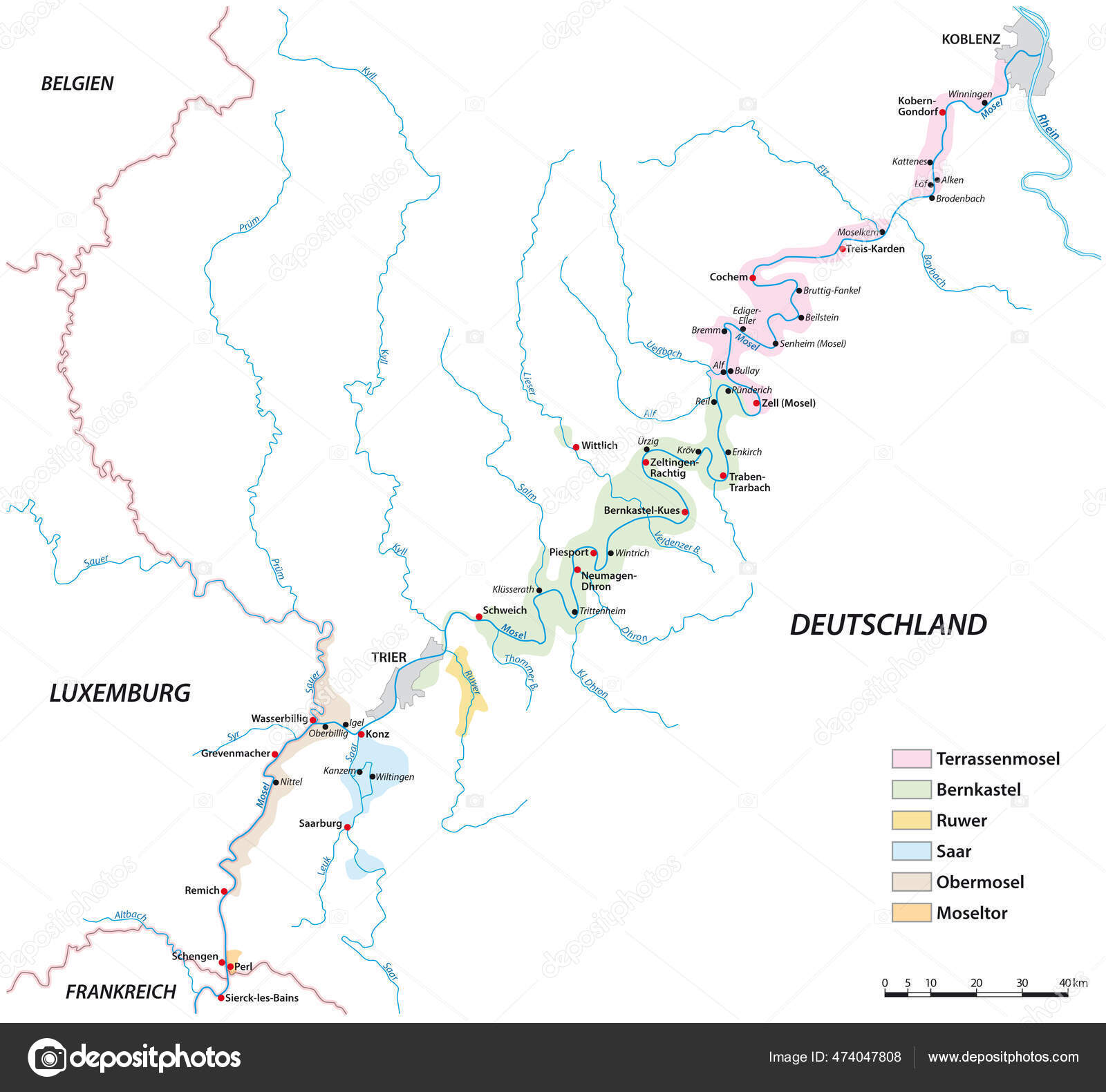 Vector Map Wine Growing Areas Moselle River Germany Stock Vector Image ...