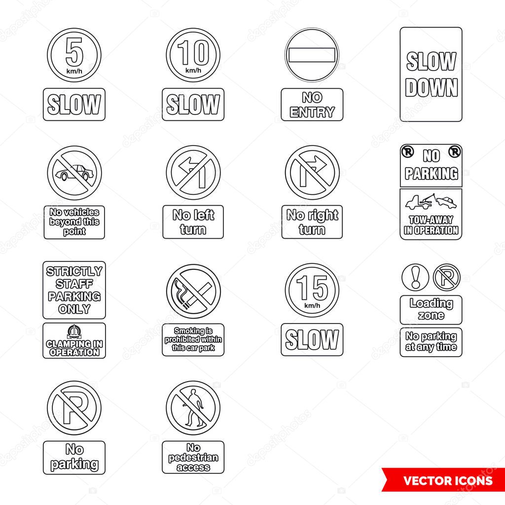 Car park prohibitory signs icon set of outline types. Icon pack ...