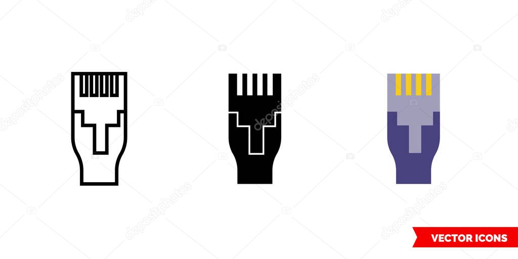 Icono RJ45 de 3 tipos de color, blanco y negro, contorno. Signo ...