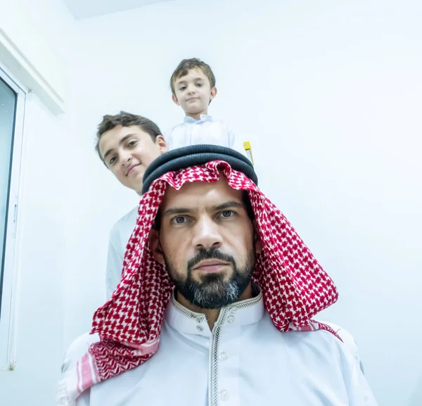 Arabic Muslim Father Holding His Son His Shoulder — Stock Photo ...