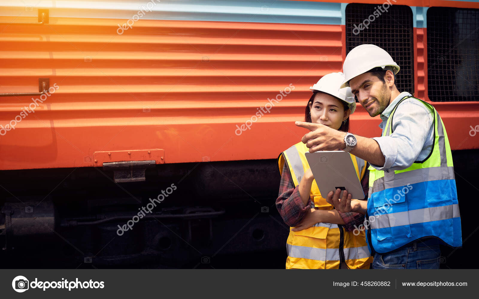 Railway Engineers Wearing Helmets Safety Vests Were Chatting Meeting ...