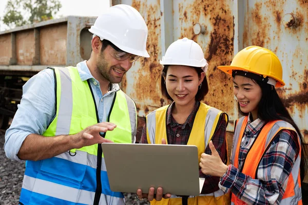 Railway Engineers Wearing Helmets Safety Vests Were Chatting Meeting ...