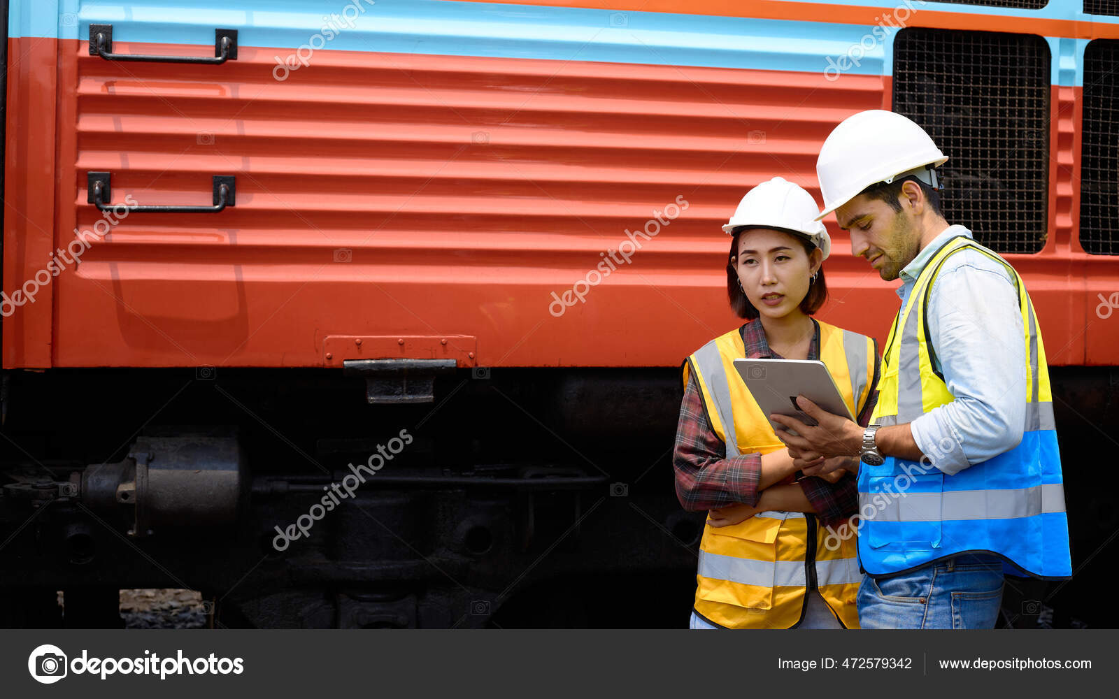Railway Engineers Wearing Helmets Safety Vests Were Chatting Meeting ...