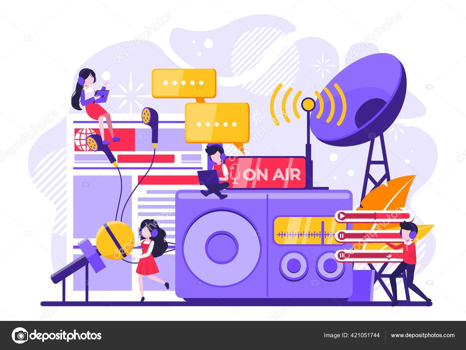 Radio broadcasting concept. people with headset listening to radio ...