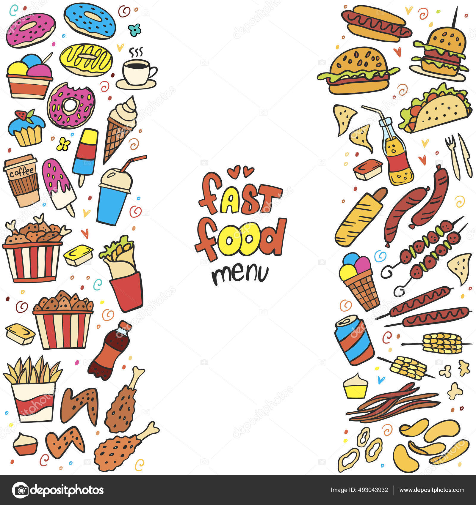 Frame Colorful Fast Food Doodle White Background Vector Burger Snacks ...