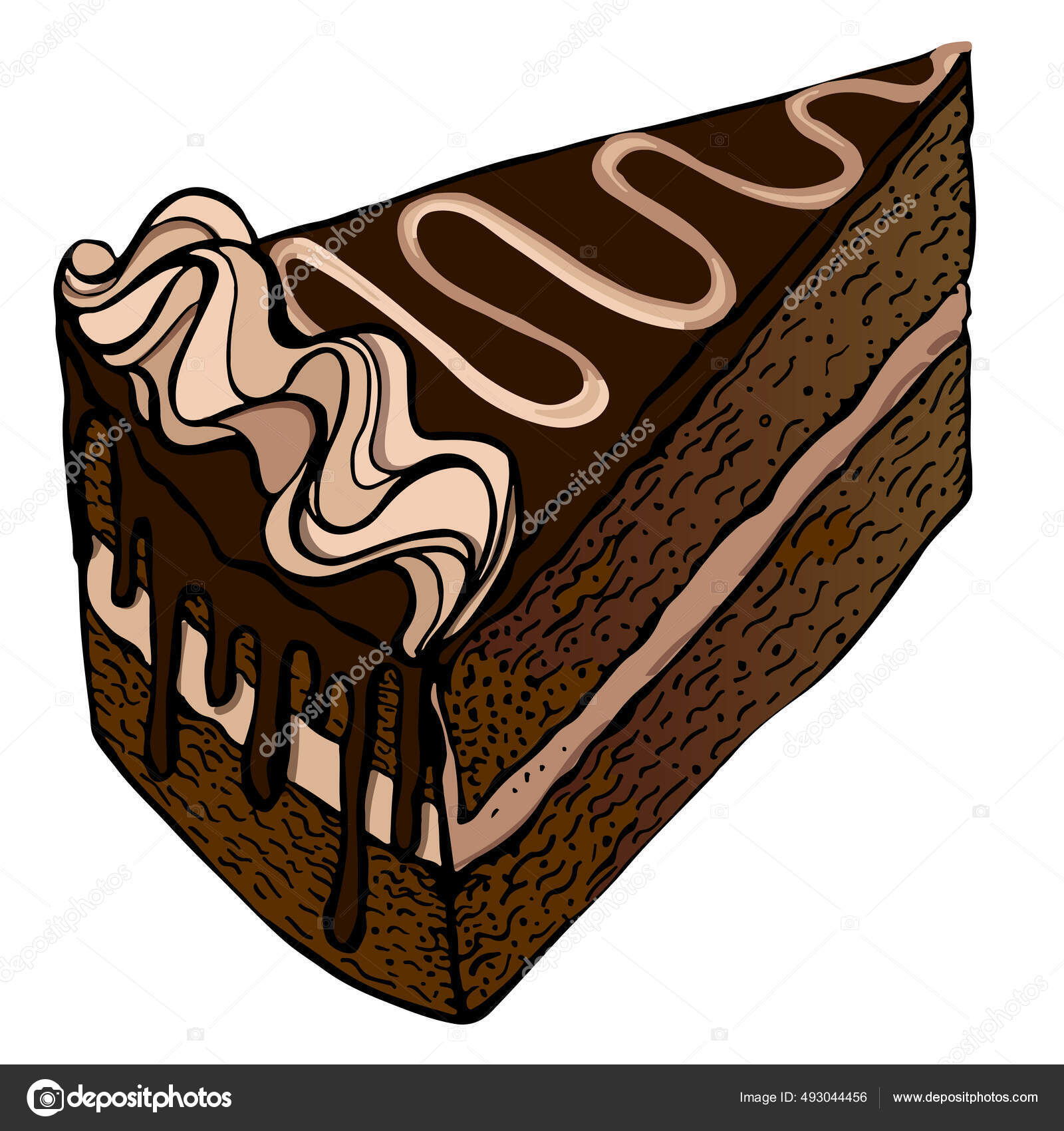 Hand Drawn Piece Chocolate Cake Isolated White Background Vector Food ...