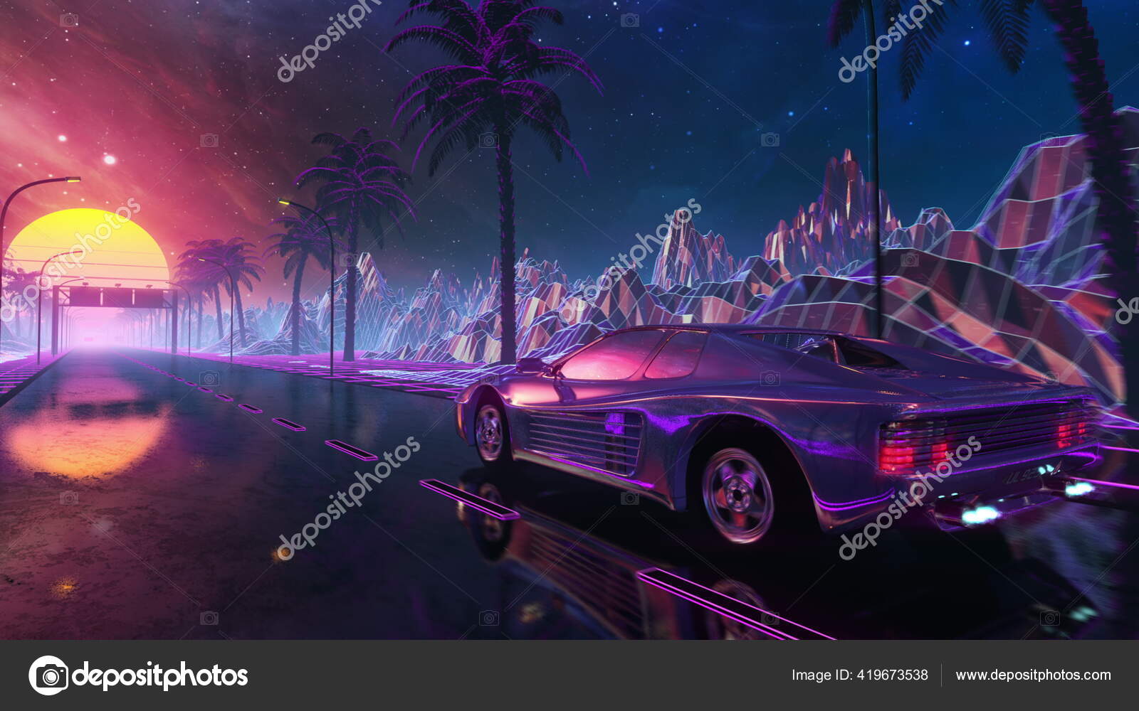 80s retro futuristic drive. Stylized sci-fi race in outrun style with ...