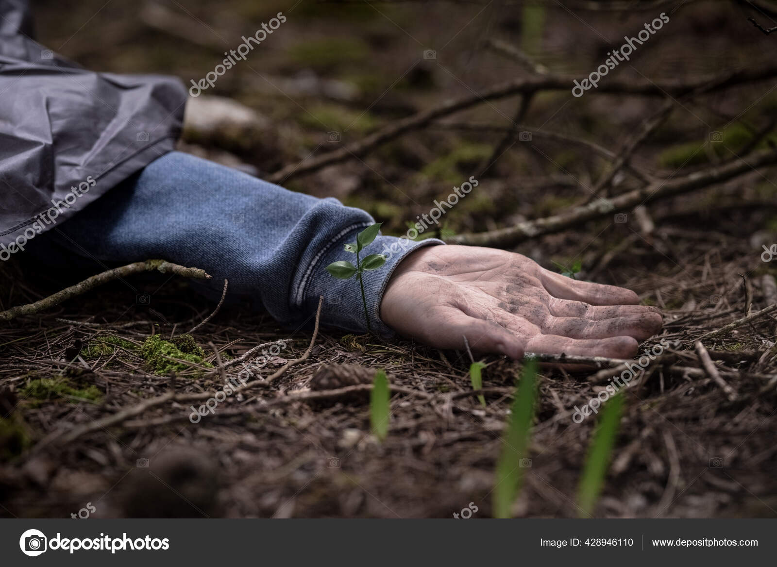 A dead mans hand on the ground in the woods. Murdered man Stock Photo ...