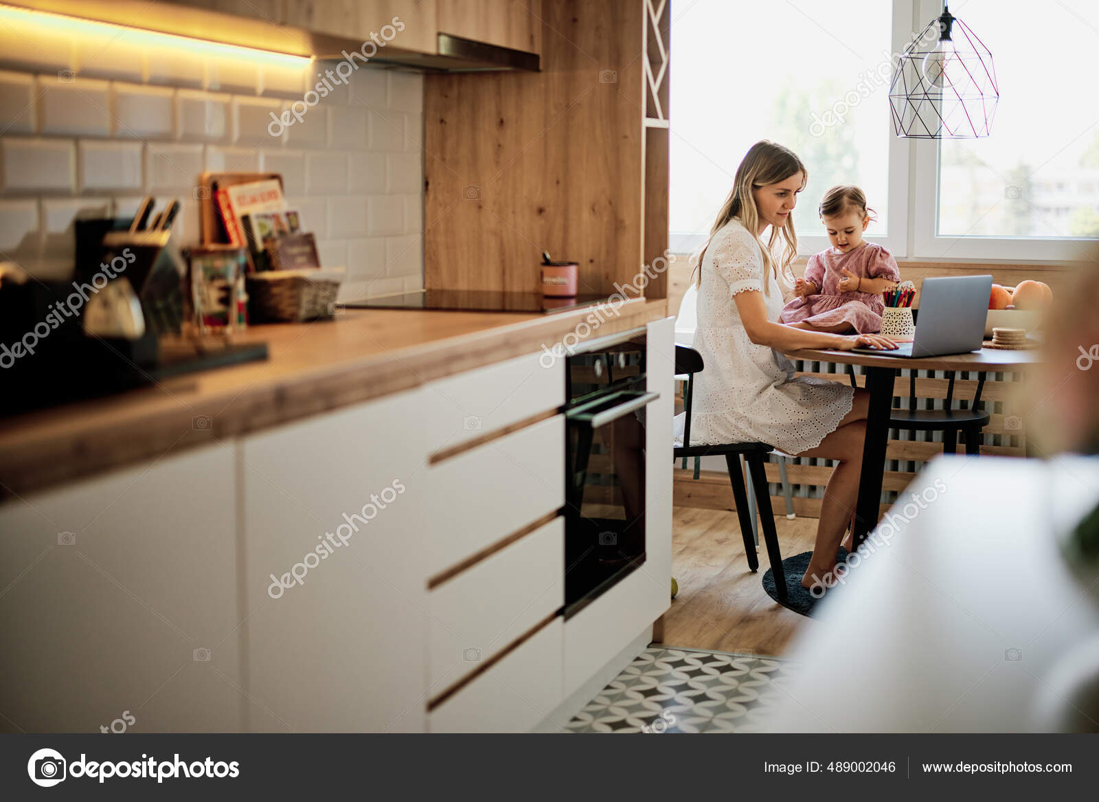 Stay Mother Home Sitting Kitchen Getting Work Done While Her Stock ...