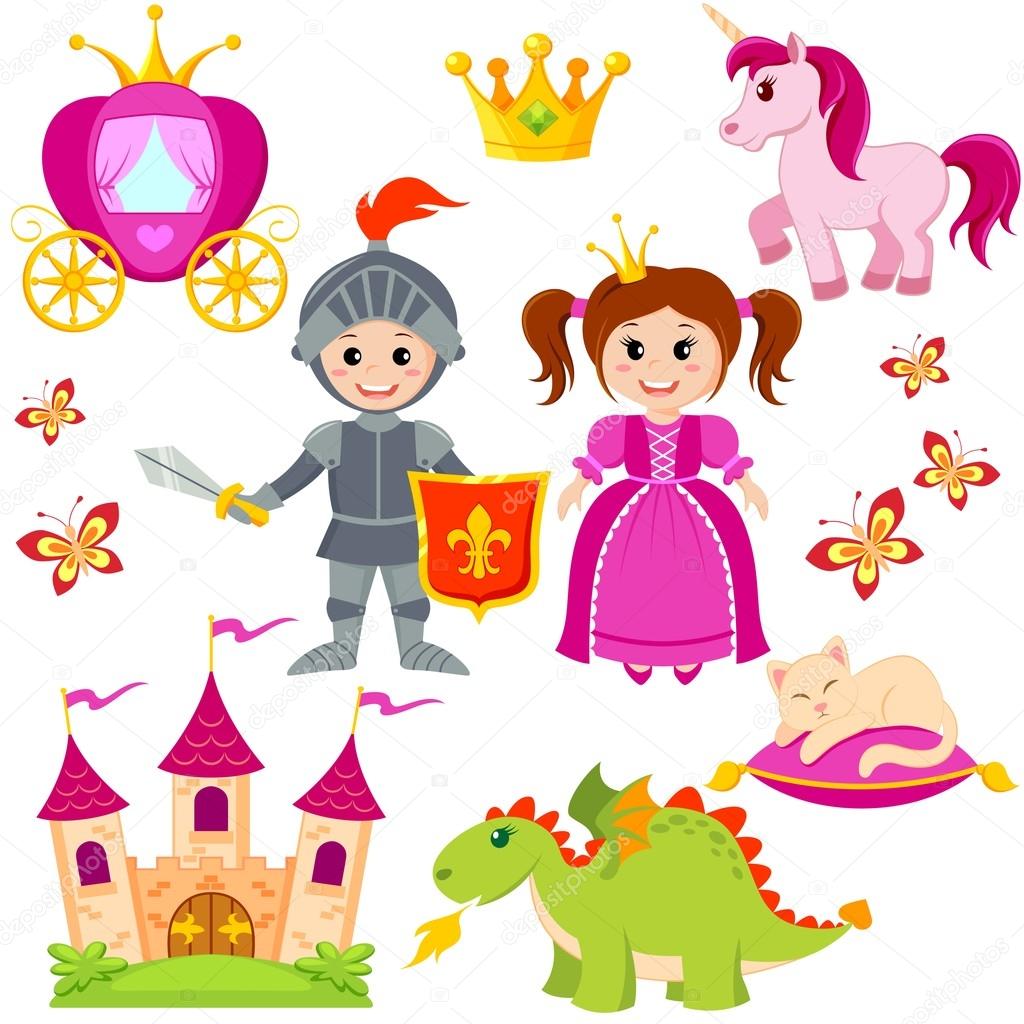Fairytale princess, knight, castle, carriage, unicorn, crown, dragon ...