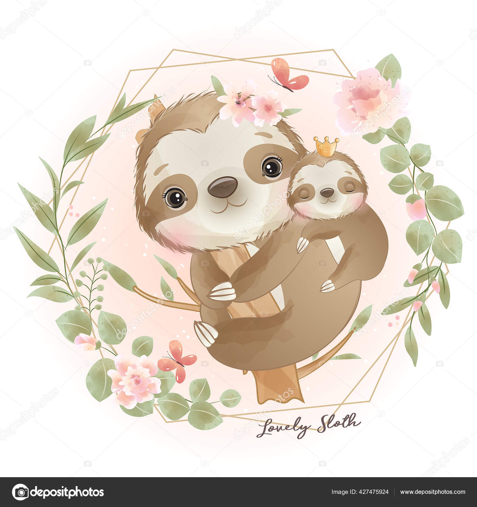 Cute Doodle Sloth Floral Illustration Stock Vector Image by ...