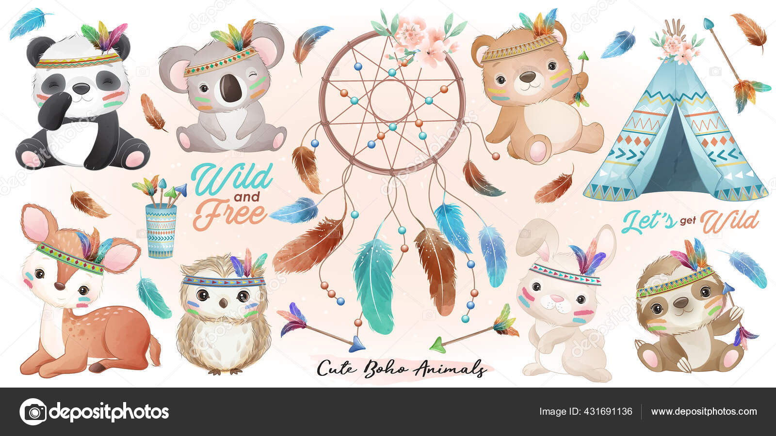 Cute Boho Animals Set Watercolor Illustration Stock Vector Image by ...