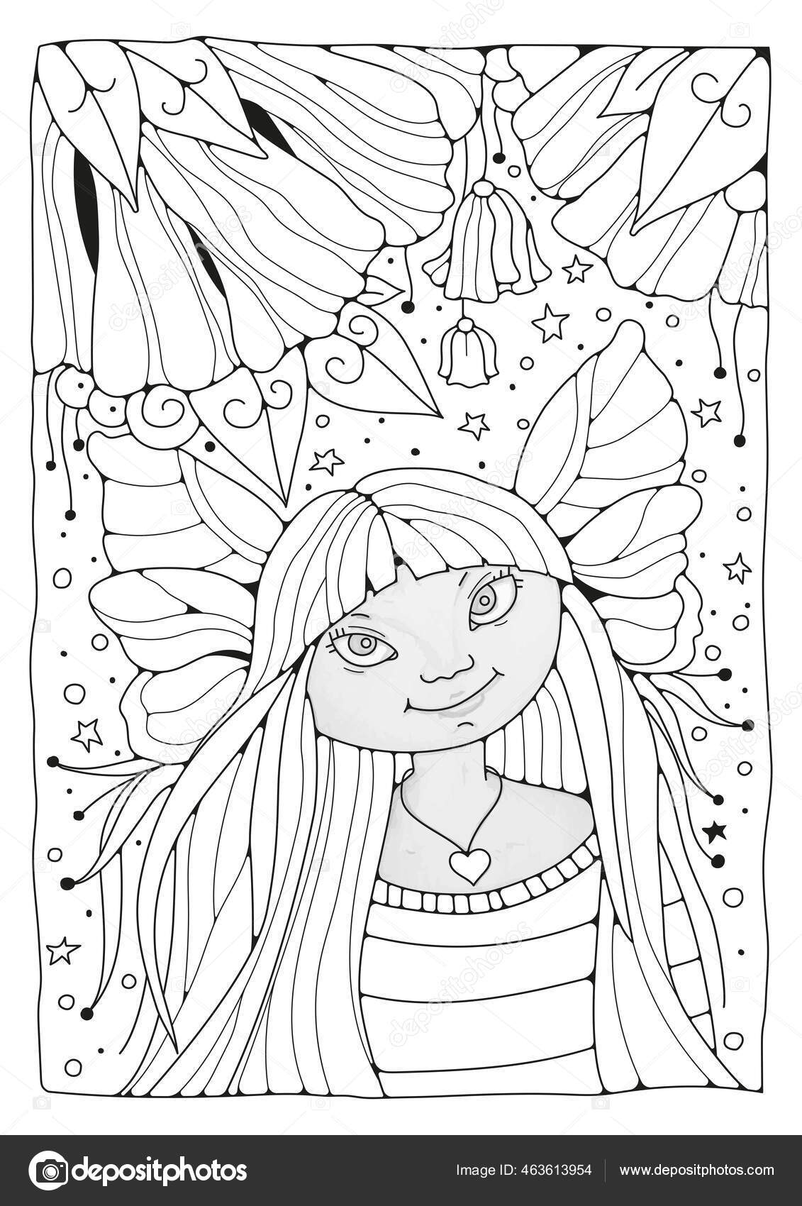 Coloring Page Children Adults Fairy Girl Stands Magic Garden Flowers ...