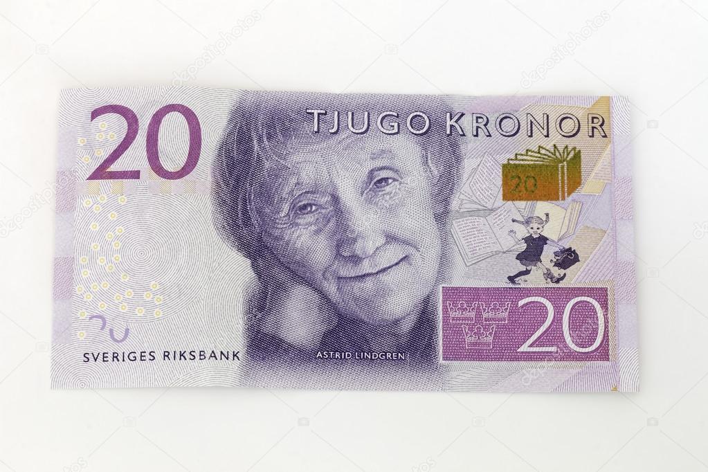 20 Sek svensk valuta, ny layout 2015 av författaren Astrid Lindgr ...