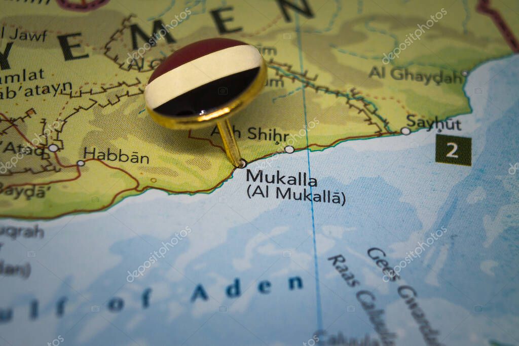 Mukalla fijado en un mapa con la bandera de Yemen 2022