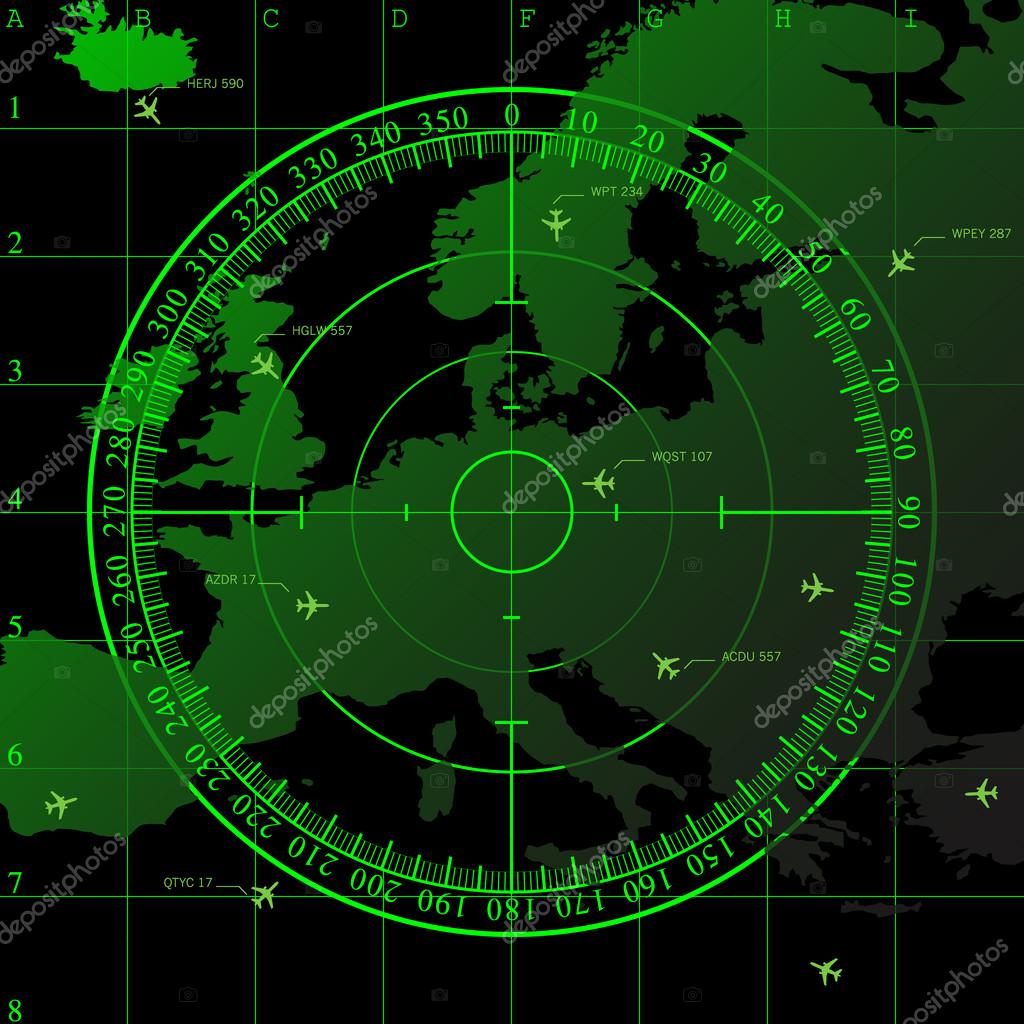 Green radar screen over square grid lines and map of Europe territory ... Green radar screen over square grid lines and map of Europe territory ...