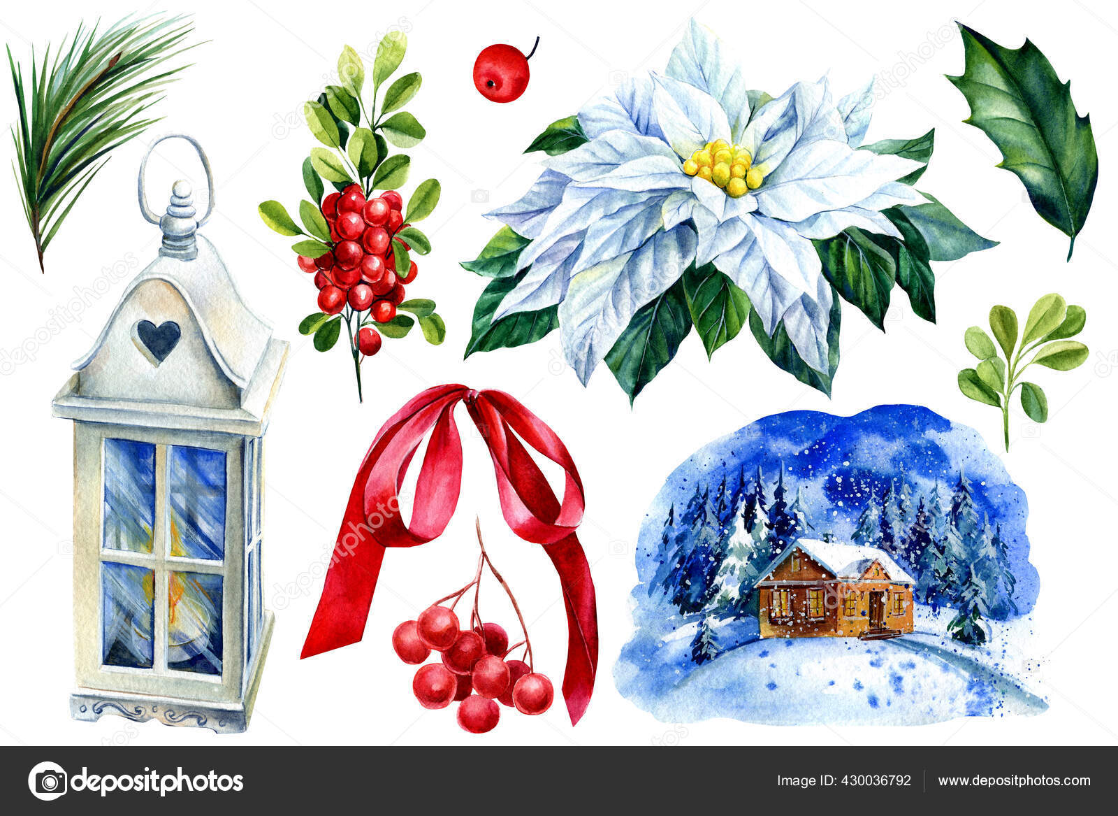 Festive set of red bow, flashlight, wight poinsettia flowers, mountain ...