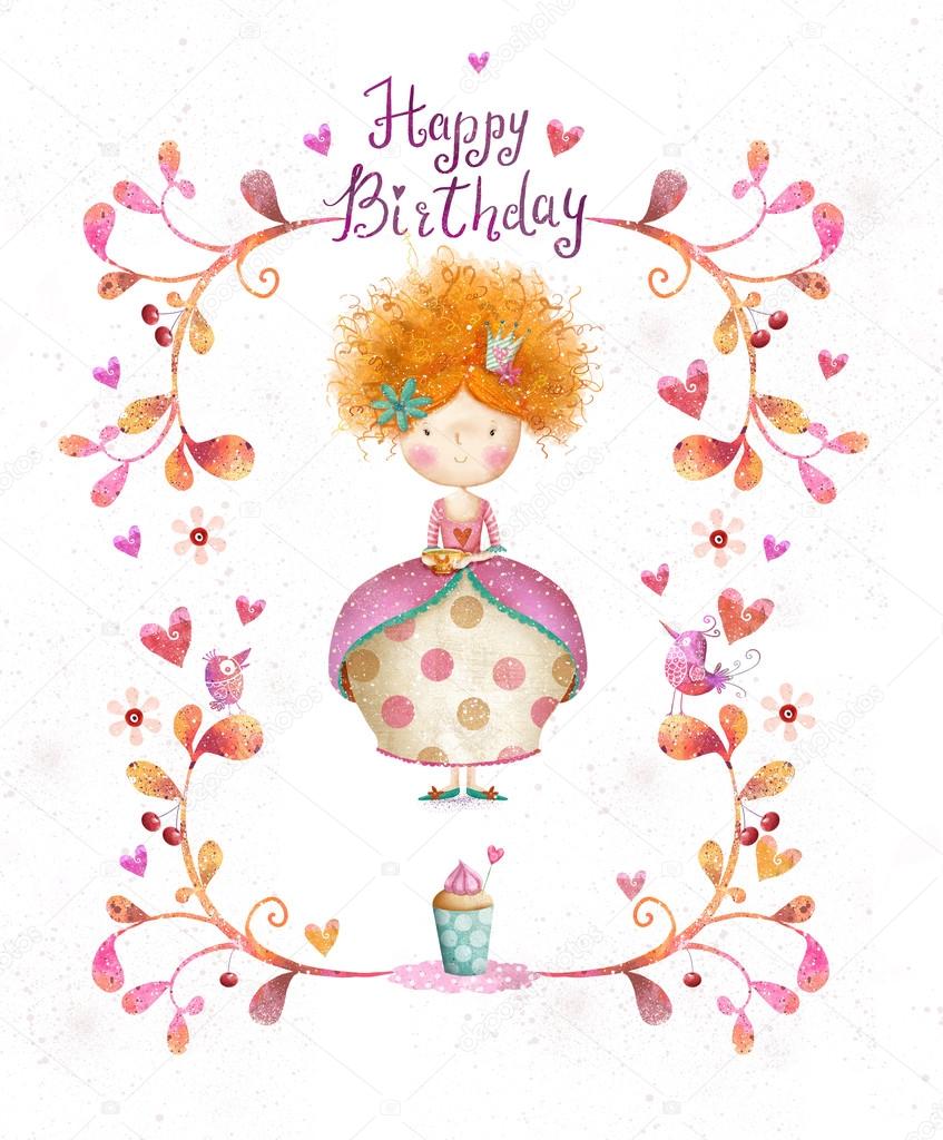 Cute small princess with cat Childish card in sweet colors.Little ...