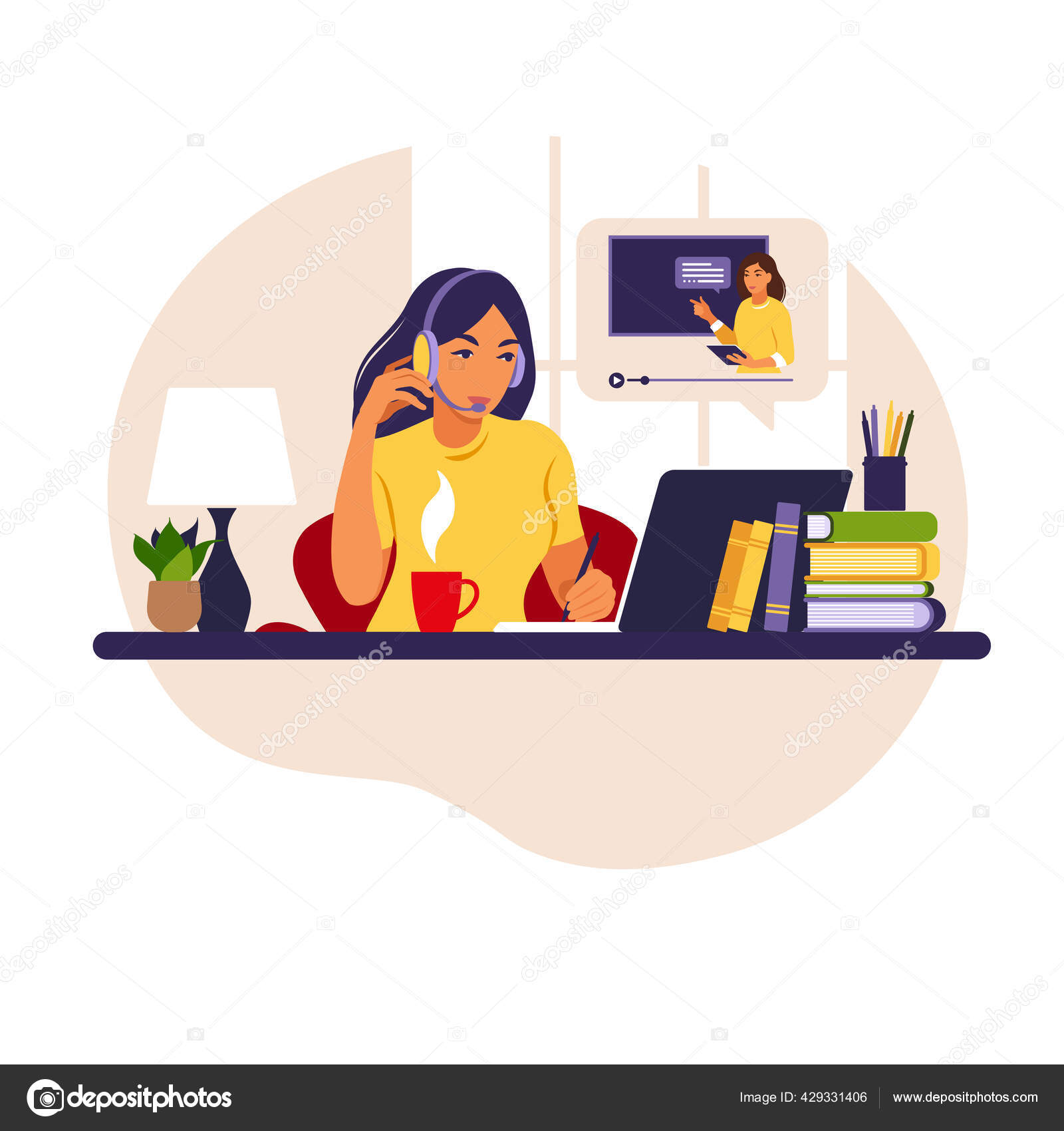 Girl study at computer. Online learning concept. Video lesson. Distance ...