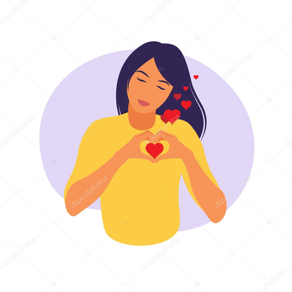 Concepto de amor propio. Chica joven haciendo símbolo del corazón de la ...